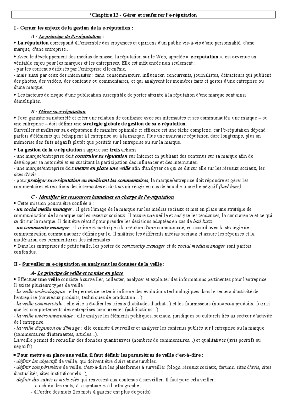 Chapitre 13 - cours - ²Chapitre 13 - Gérer et renforcer l'e-réputation I - Cerner les enjeux de ...