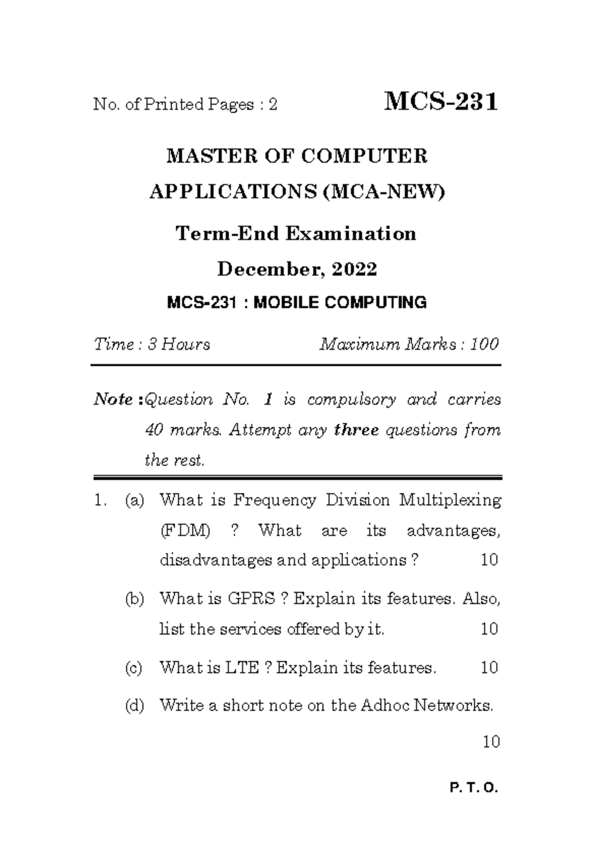 MCS-231 - P. T. O. No. of Printed Pages : 2 MCS- MASTER OF COMPUTER APPLICATIONS (MCA-NEW) Term ...