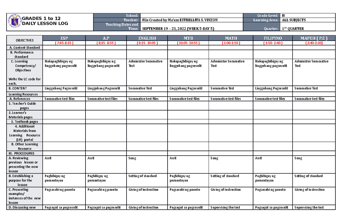 DLL ALL Subjects 2 Q1 W5 D5 - GRADES 1 to 12 DAILY LESSON LOG School ...