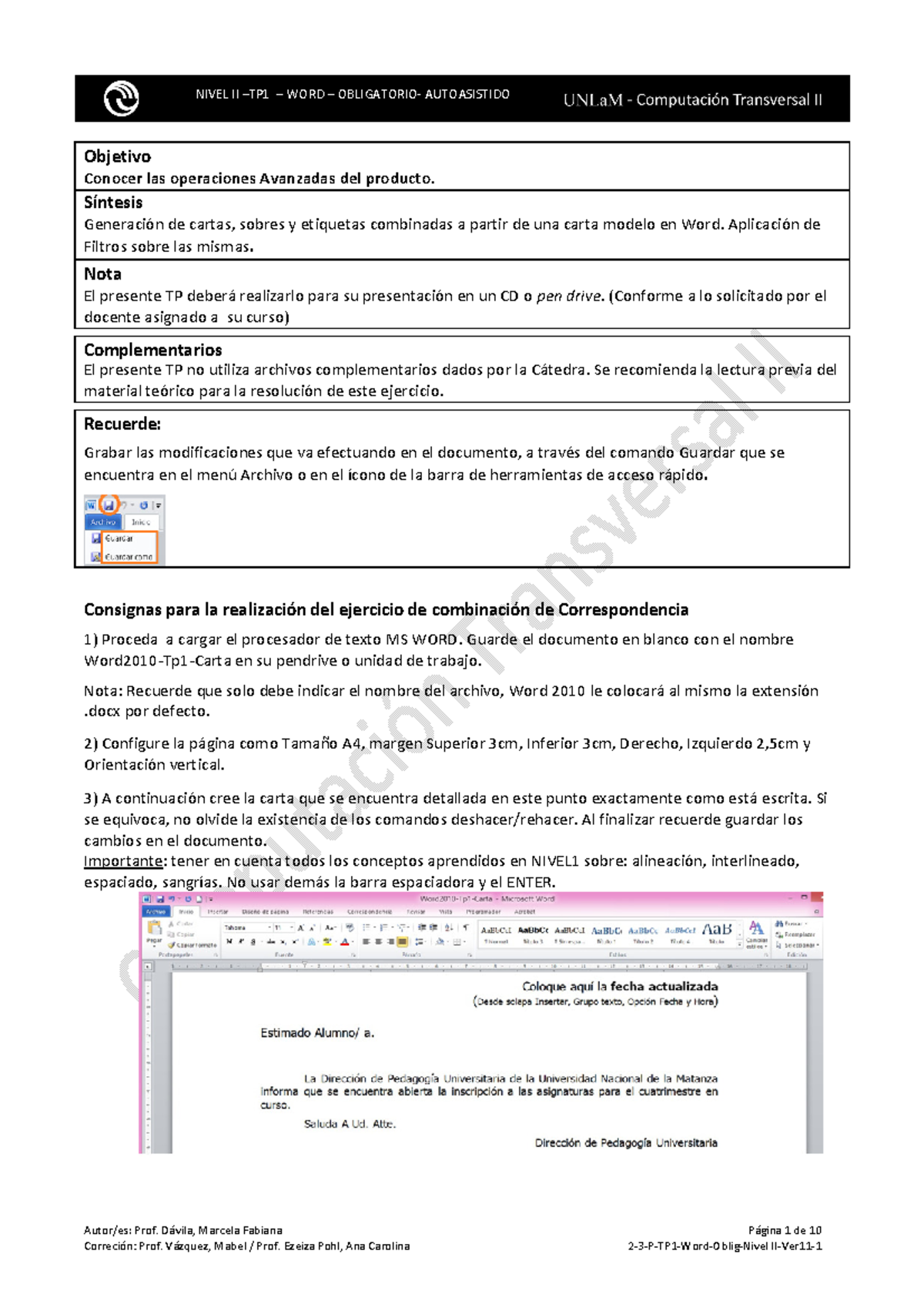 2 3 P TP1 Word Oblig Nivel II Ver11 1 - Autor/es : Prof. Dávila, Marcela Fabiana Objetivo ...