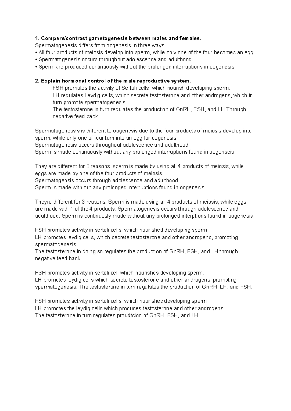 Exam 4 Short answer questions - Compare/contrast gametogenesis between ...