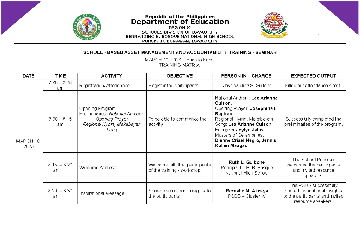 Project-Matrix - SAMPLE PROJECT MATRIX - Republic of the Philippines ...