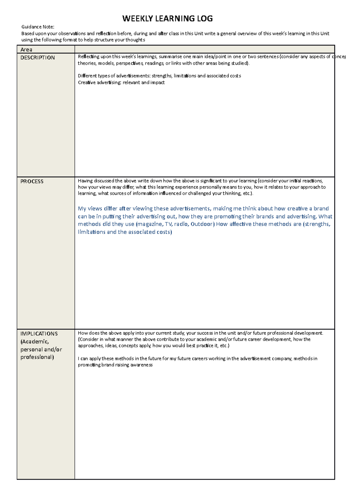 Weekly Learning Log 1 - WEEKLY LEARNING LOG Guidance Note: Based upon ...