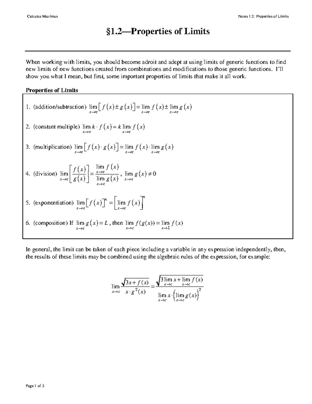 Notes 01.2 Properties of Limits - Calculus Maximus Notes 1: Properties ...