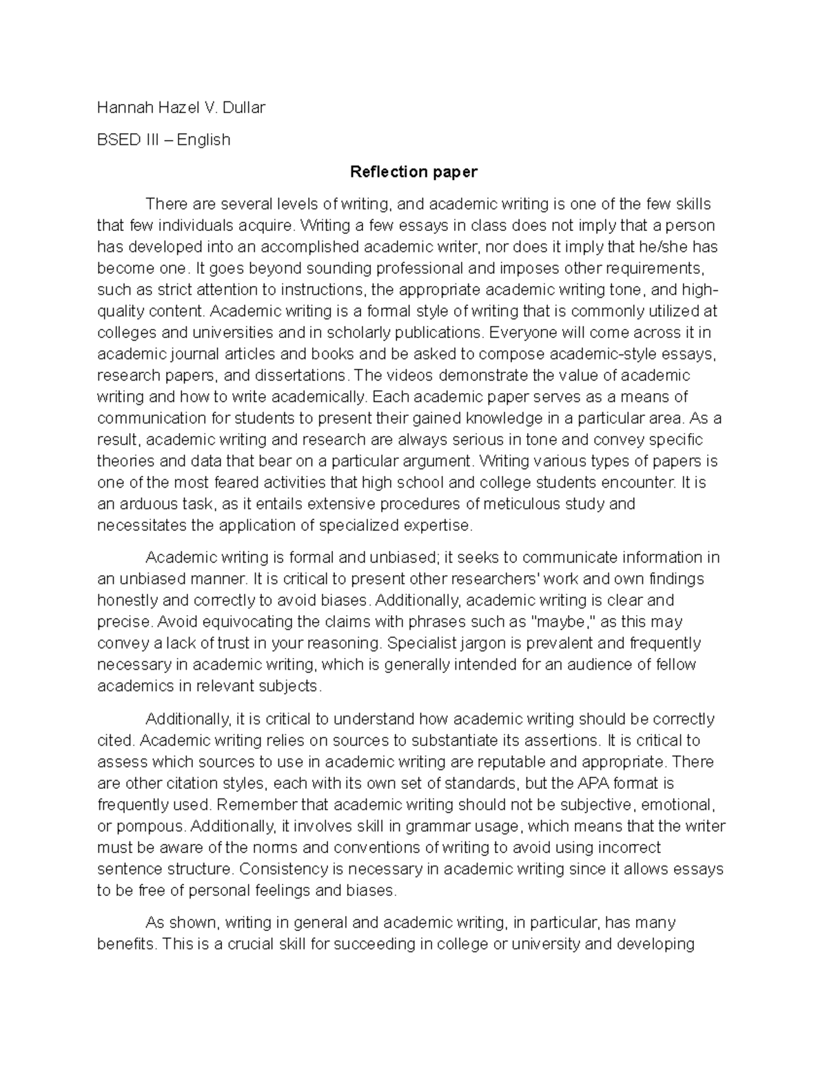 Reflection paper (Academic paper) - Hannah Hazel V. Dullar BSED III ...