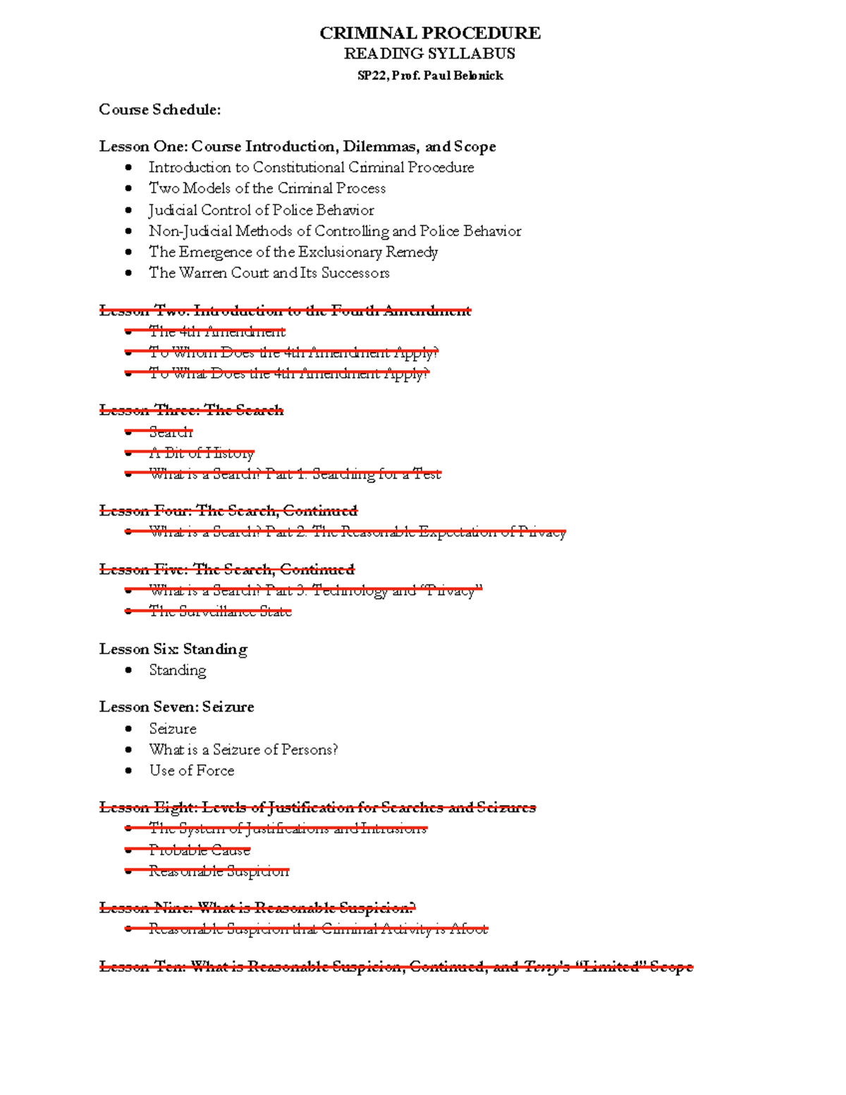 SP22 Criminal Procedure Topics List - Course Schedule: Lesson One ...