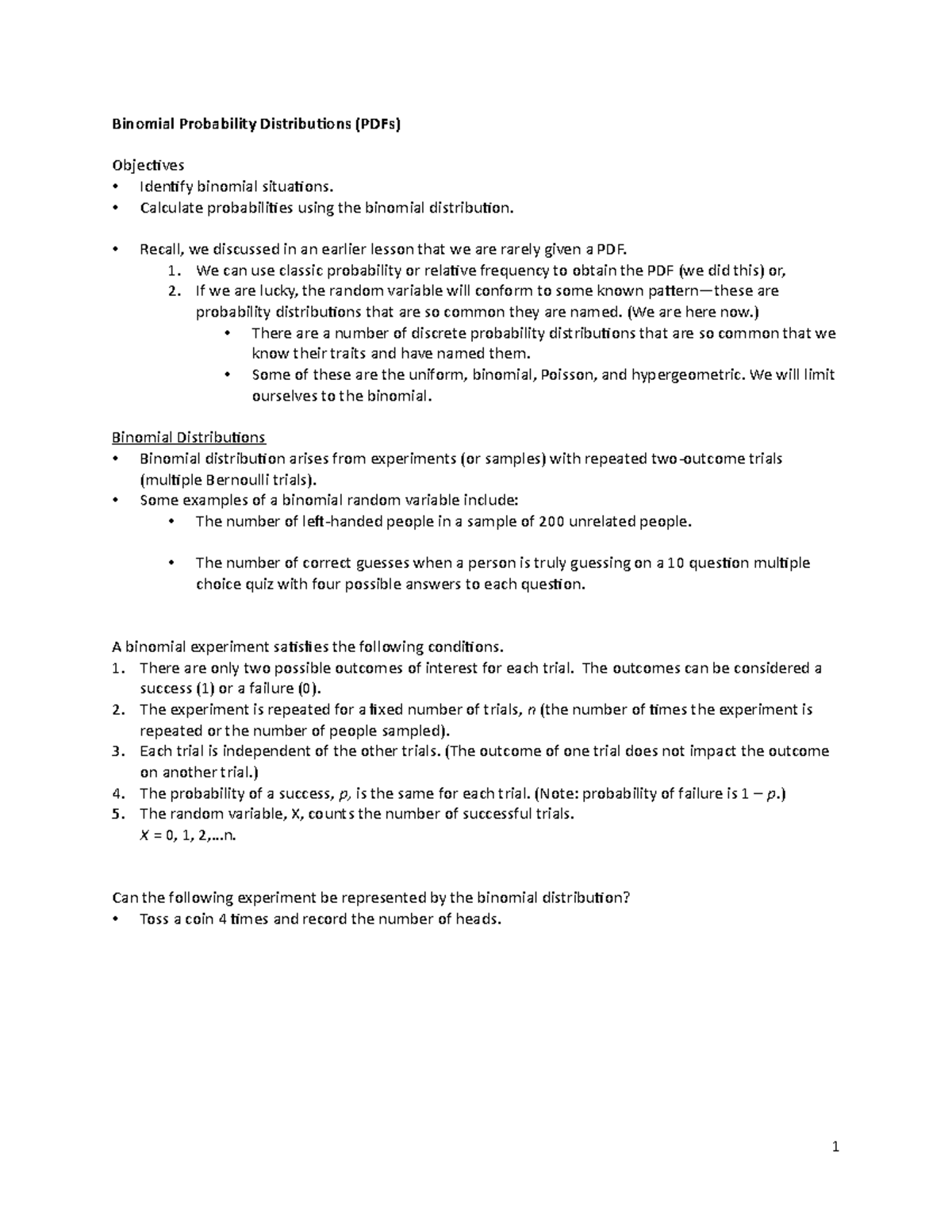 Lesson 17 Binomial - Lecture notes 17 - Binomial Probability ...