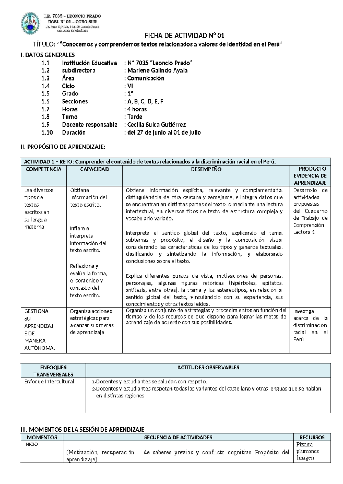 ACT 1 EDA 4 - Actividades - FICHA DE ACTIVIDAD N° 01 TÍTULO: ““Conocemos y comprendemos textos ...