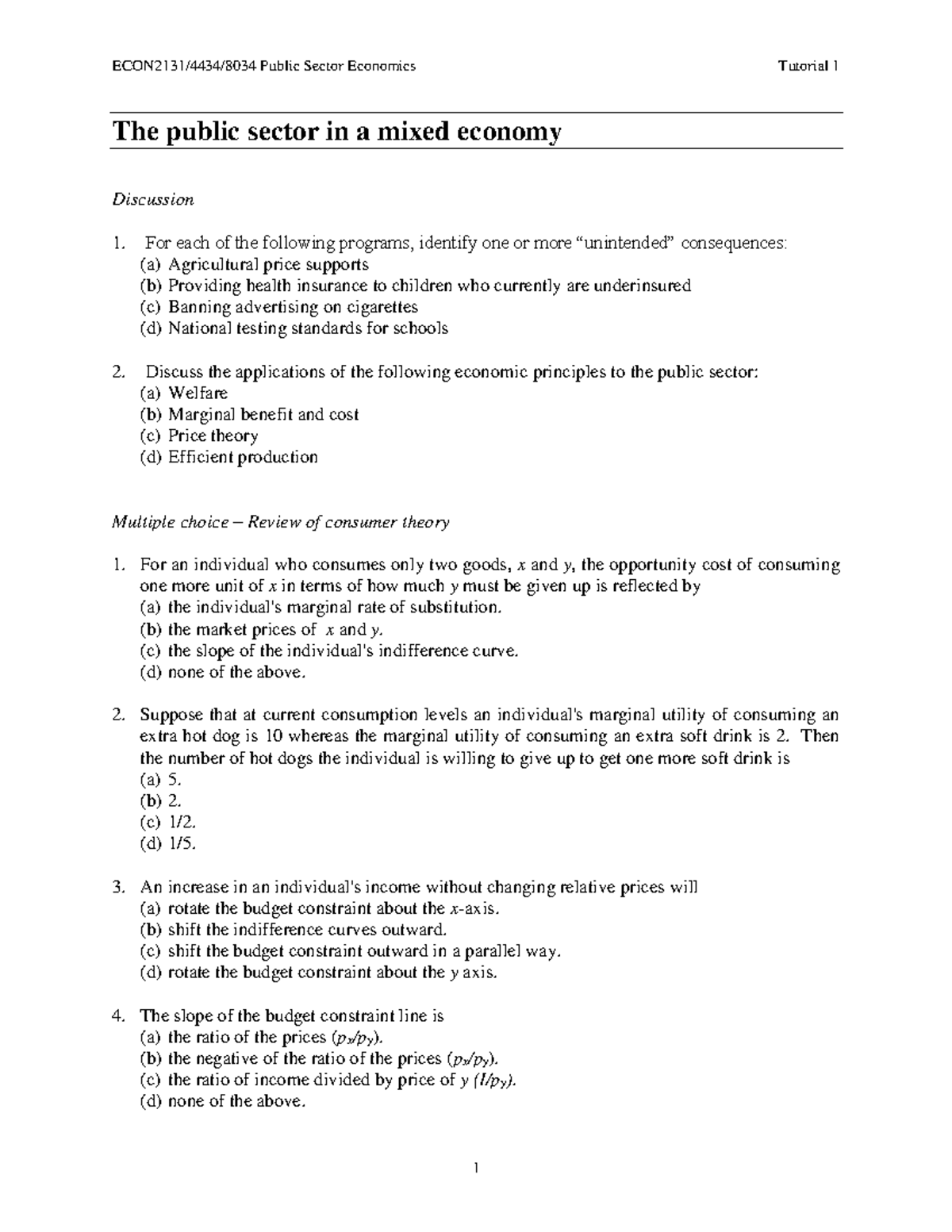 Tute1 2022 - Weekly tutorial questions week 1 - ECON2131/4434/8034 ...