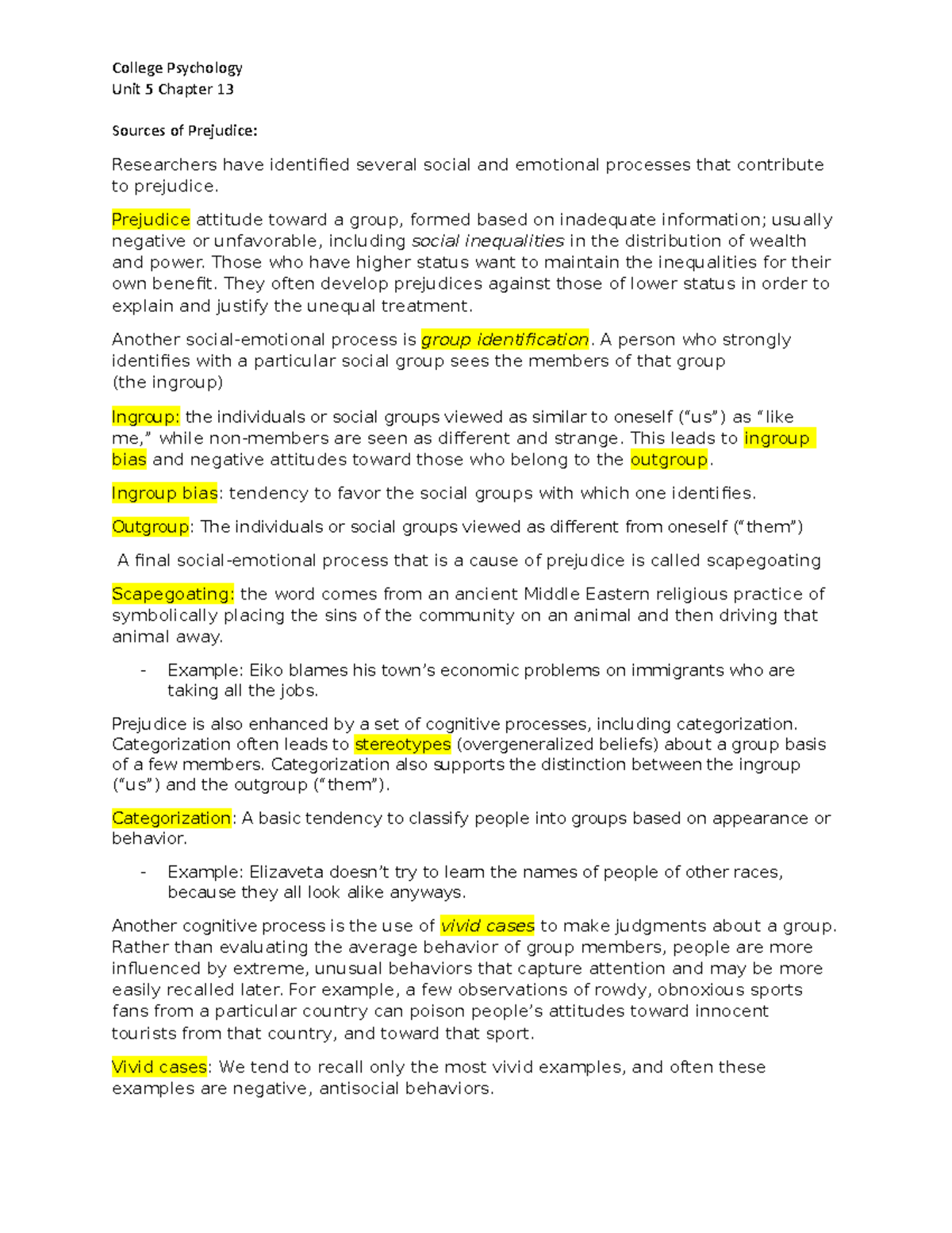 Unit 5 Chapter 13 source of prejudice - College Psychology Unit 5 ...