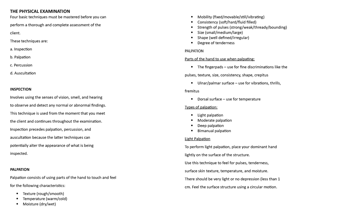 Physical- Examination - THE PHYSICAL EXAMINATION Four basic techniques ...