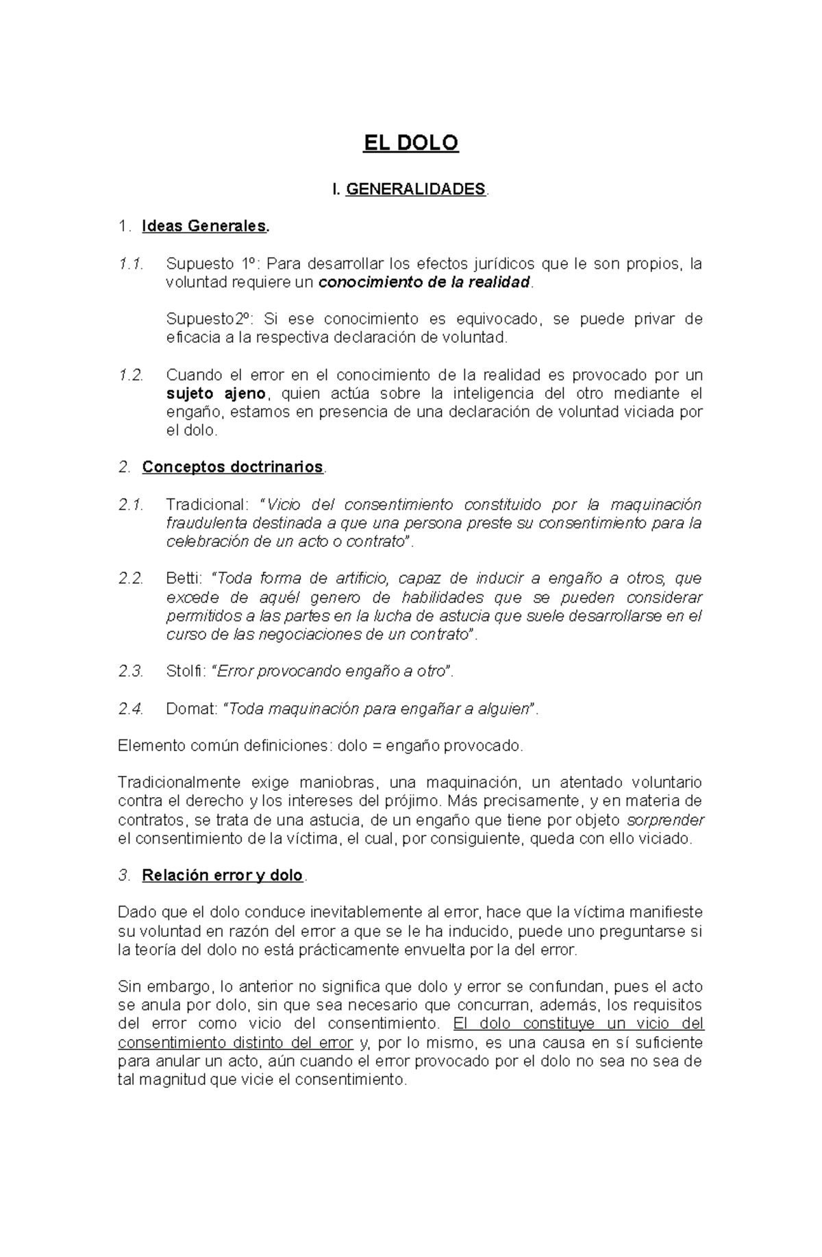 Dolo como vicio del consentimiento - EL DOLO I. GENERALIDADES. Ideas ...