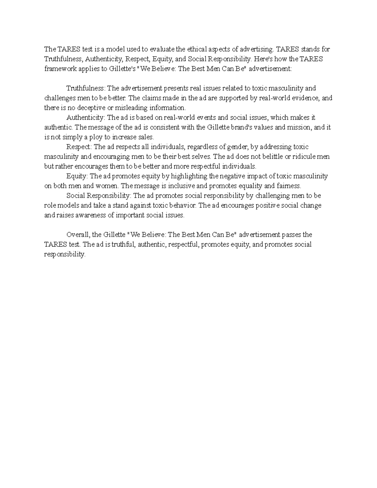 #9 Comms 304 Video Notes - The TARES test is a model used to evaluate ...