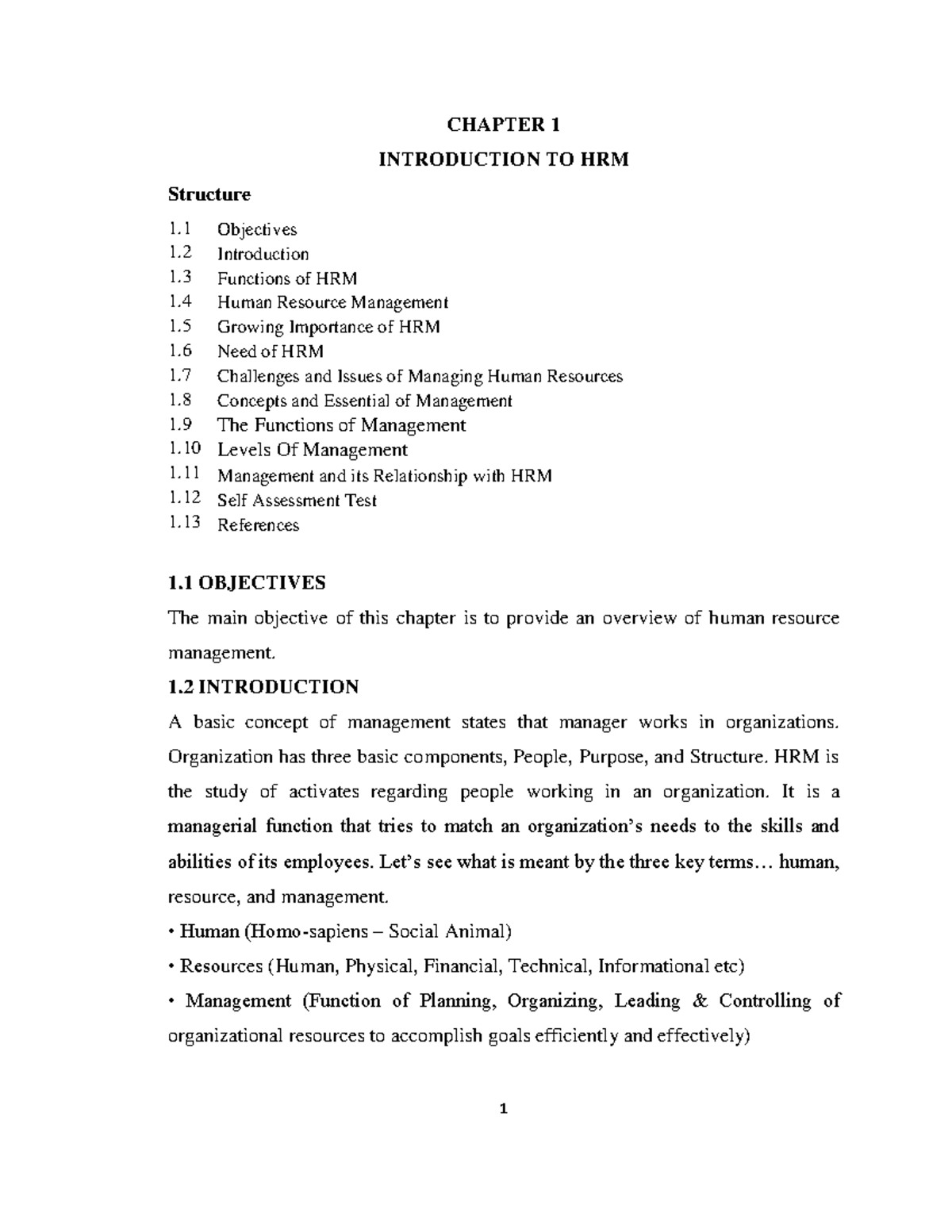 Introduction TO HRM - CHAPTER 1 INTRODUCTION TO HRM Structure 1 ...