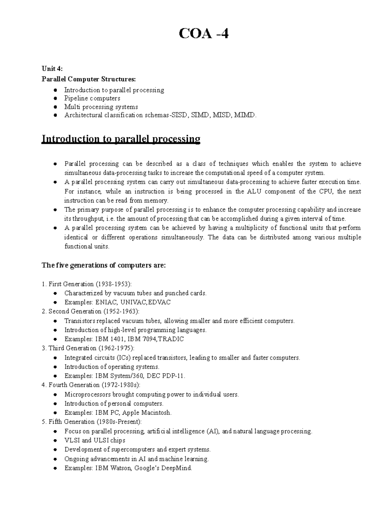 COA 4.1.docx - Nothing much - COA - Unit 4: Parallel Computer Structures: Introduction to ...