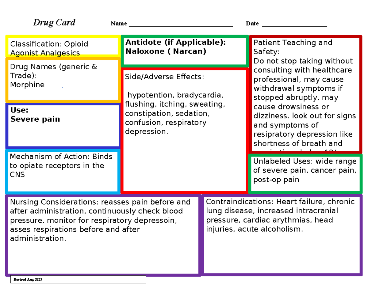 Morphine drug card - drug cards for pharmacology - Drug Card Name