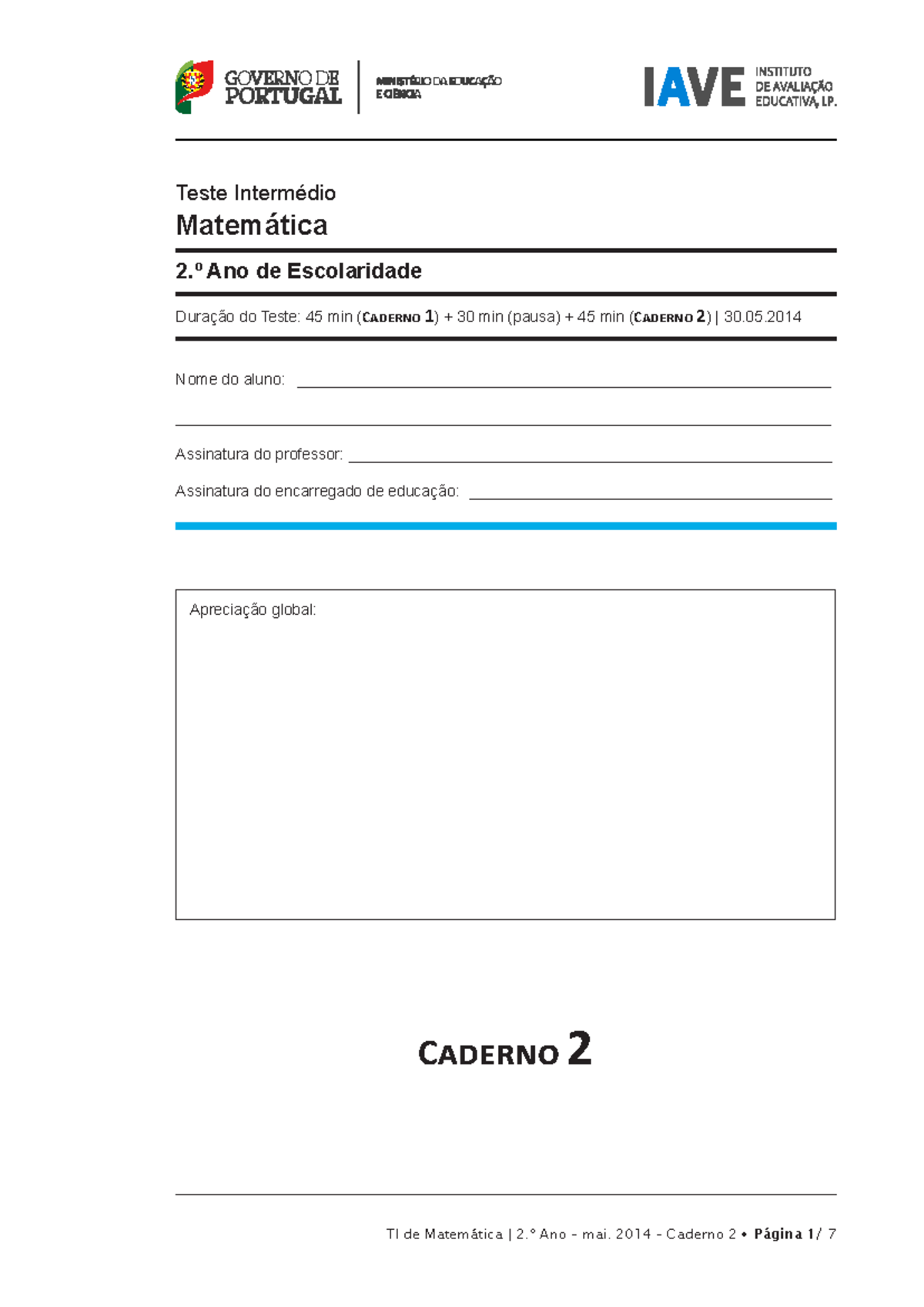 2014 Prova C2 - Apreciação global: Caderno 2 Teste Intermédio ...