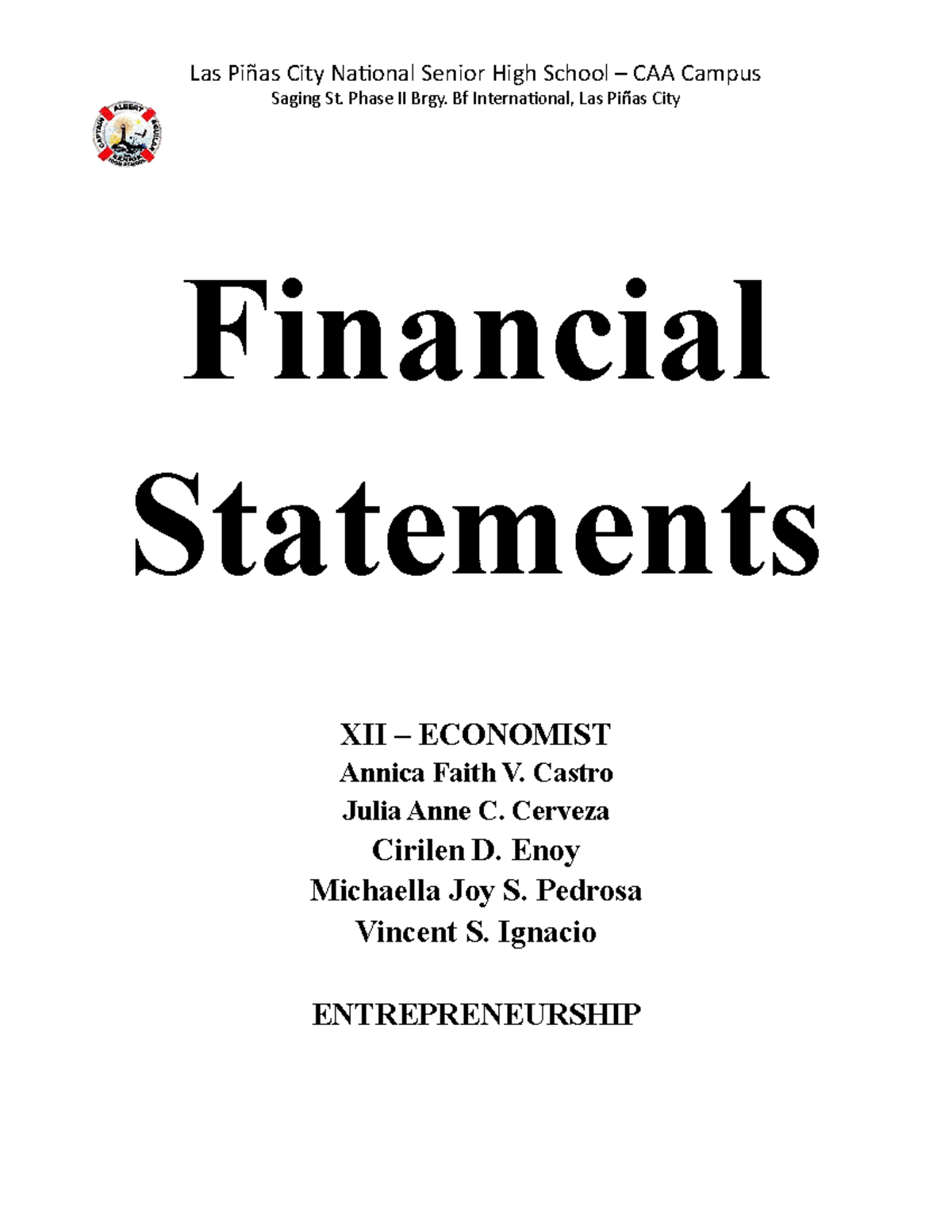 Financial Statements Front Page - Las Piñas City National Senior High ...