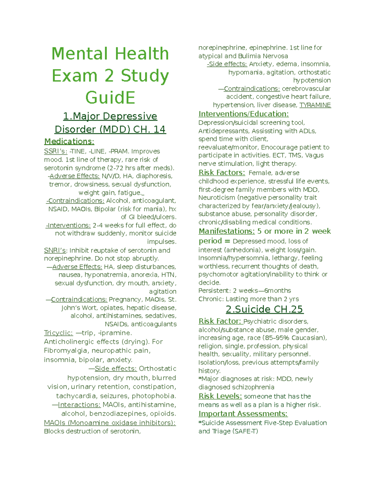 NUR209 Exam 2 Study Guide - Mental Health Exam 2 Study GuidE 1 Depressive Disorder (MDD) CH. 14 ...