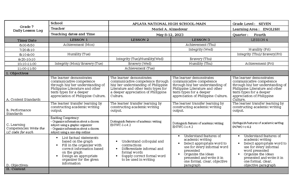 DLL-W2-Q4 - Grade 7 Daily Lesson Log School APLAYA NATIONAL HIGH SCHOOL ...