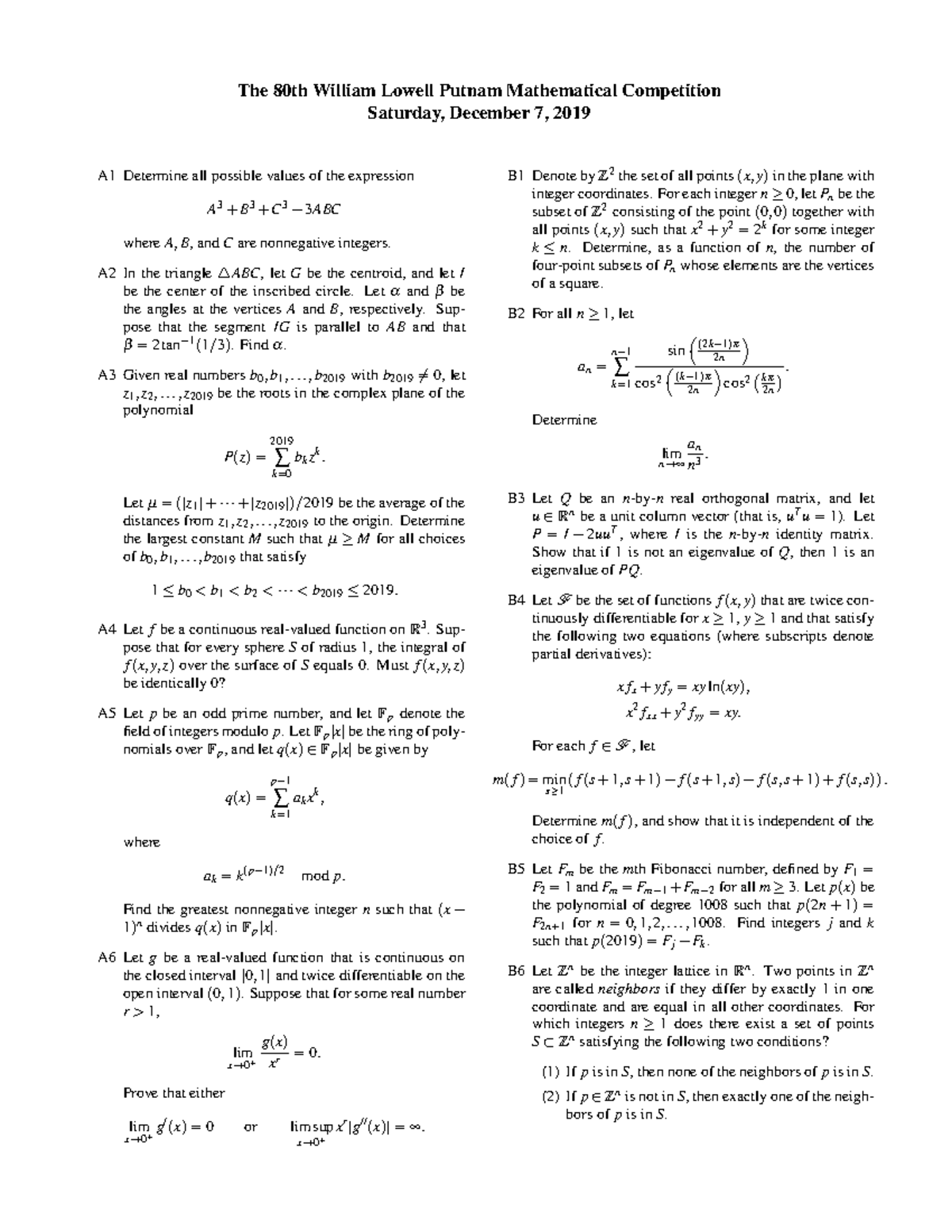2019 - dsd - The 80th William Lowell Putnam Mathematical Competition ...