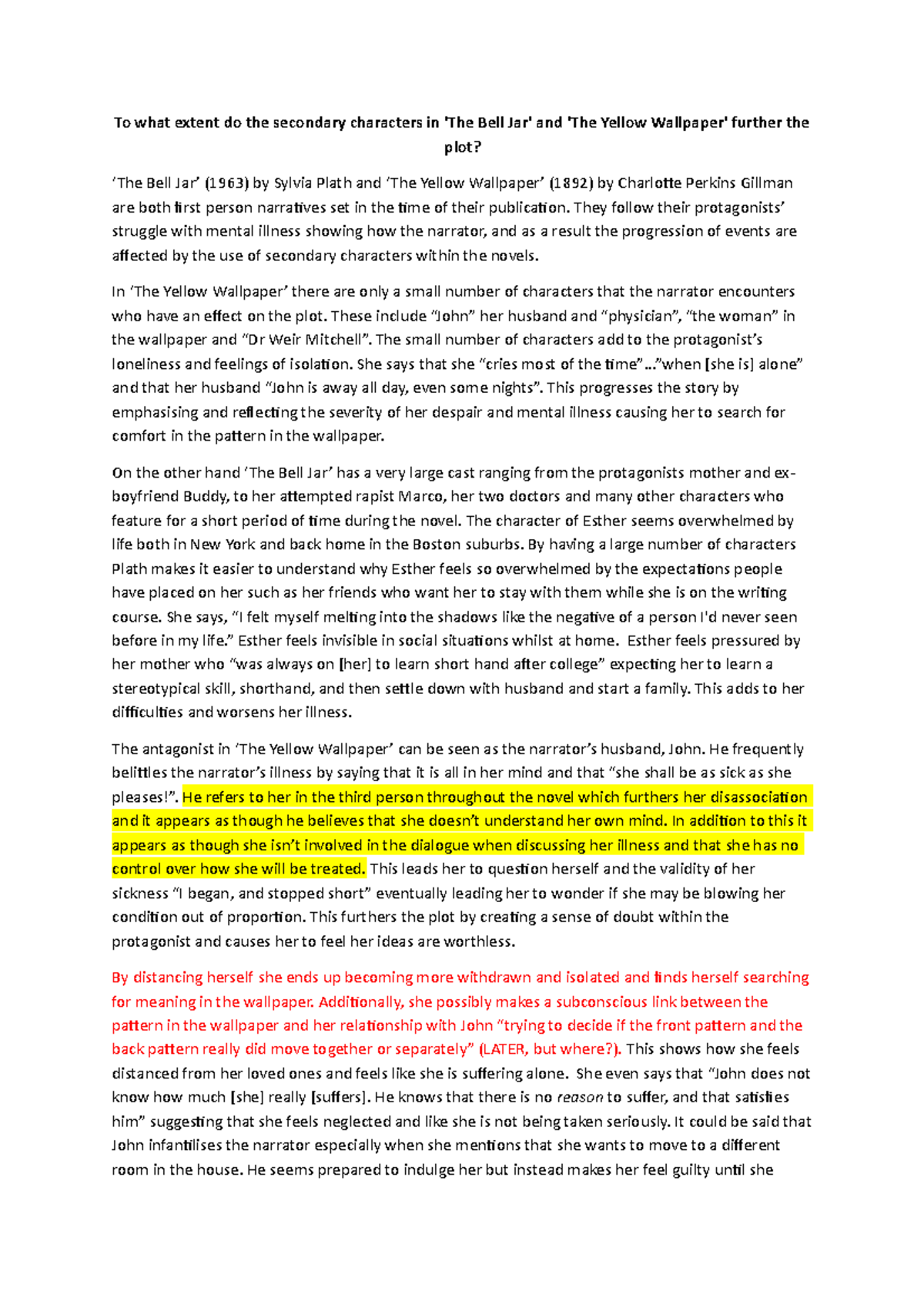 Compare the way in which the secondary characters in 'The bell jar' and ...