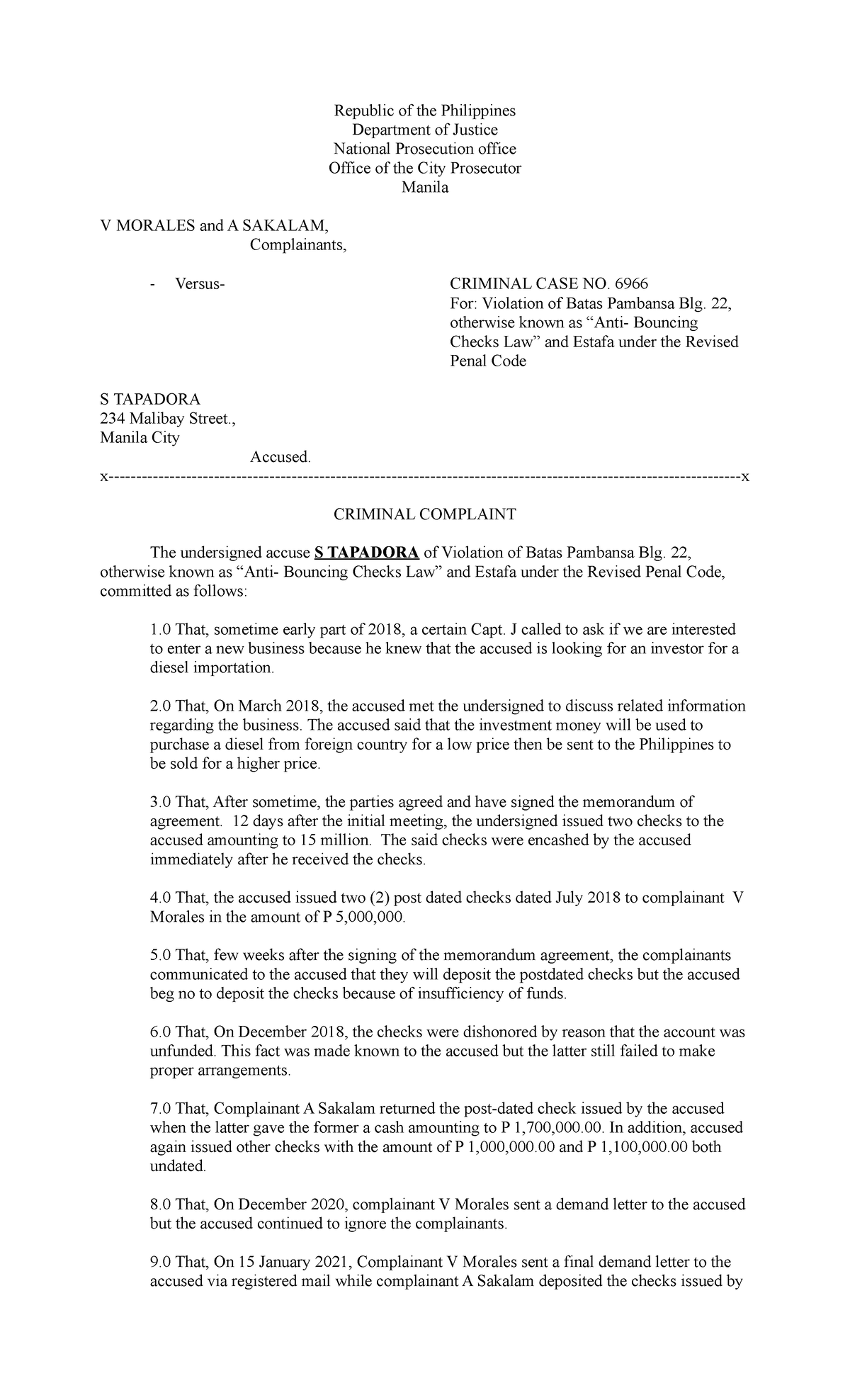 Criminal Complaint - Republic of the Philippines Department of Justice ...