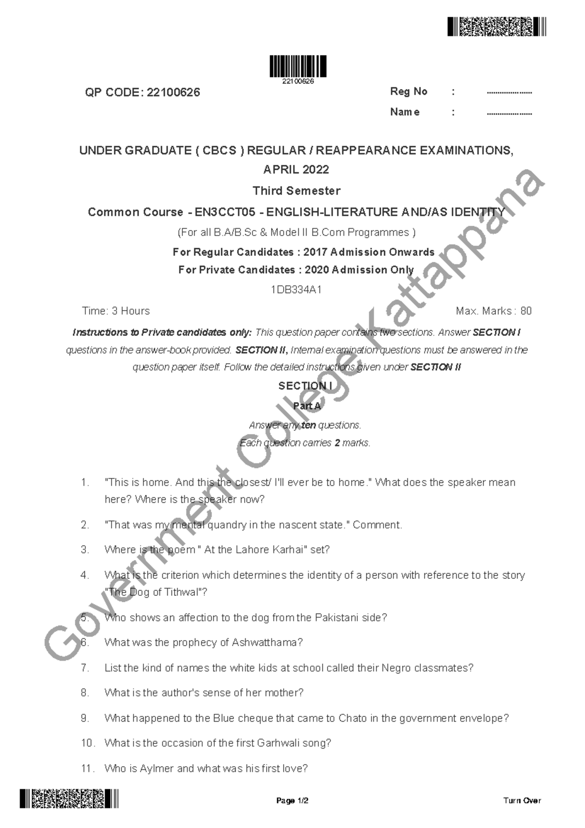 EN3CCT05 - English-Literature andas Identity(T) - QP CODE: 22100626 Reg ...