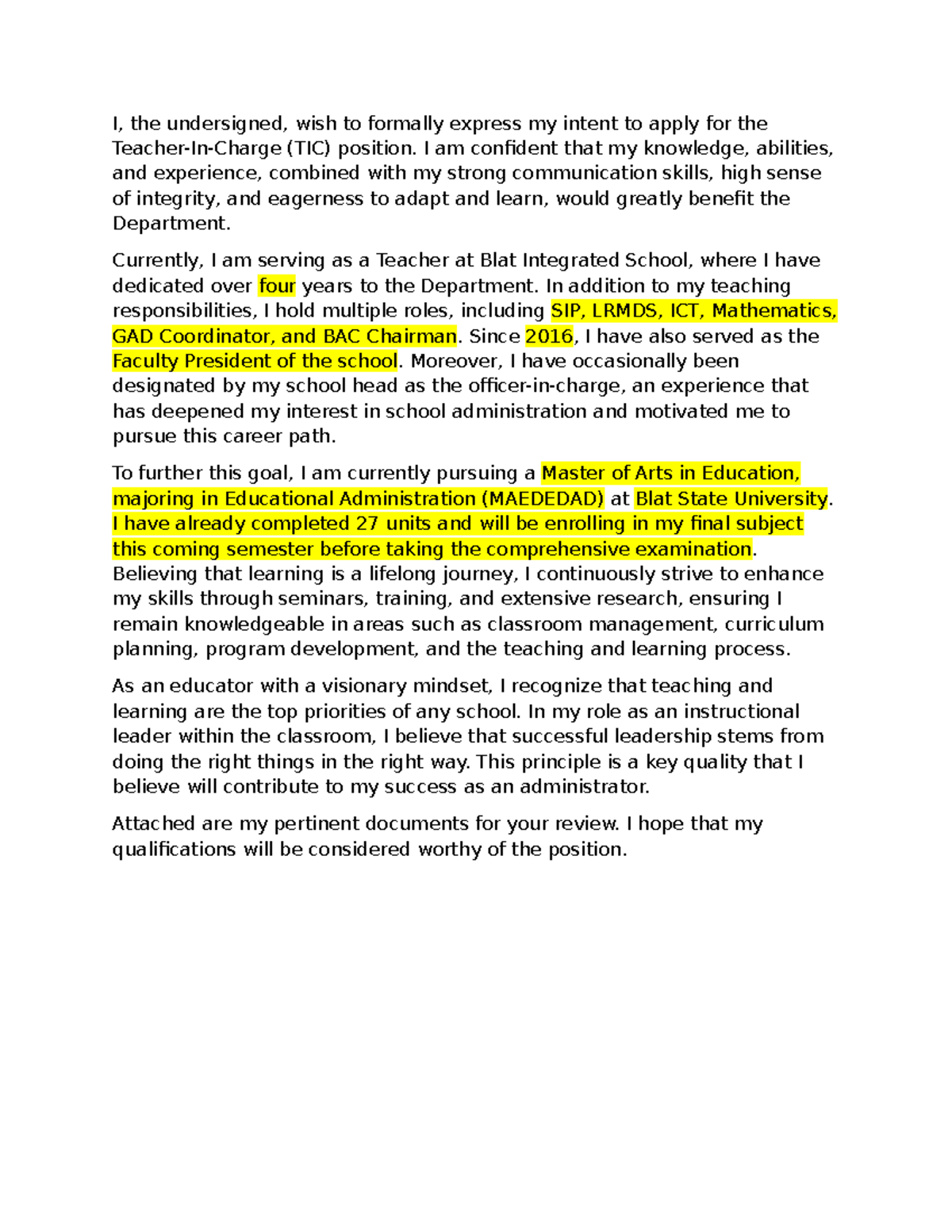TIC-1 - Teacher In Charge Letter - I, the undersigned, wish to formally ...