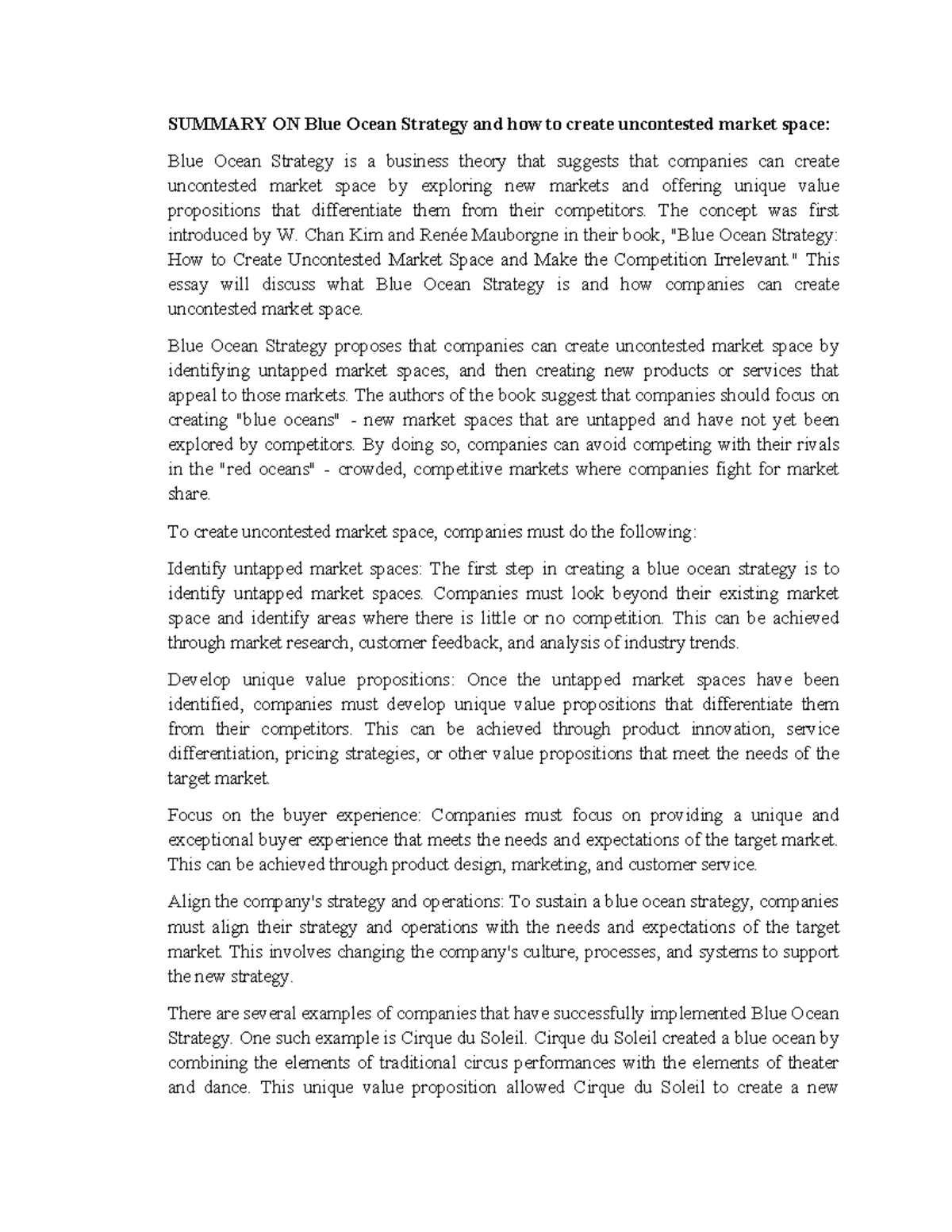 Summary on Blue Ocean Strategy and how to create uncontested market ...