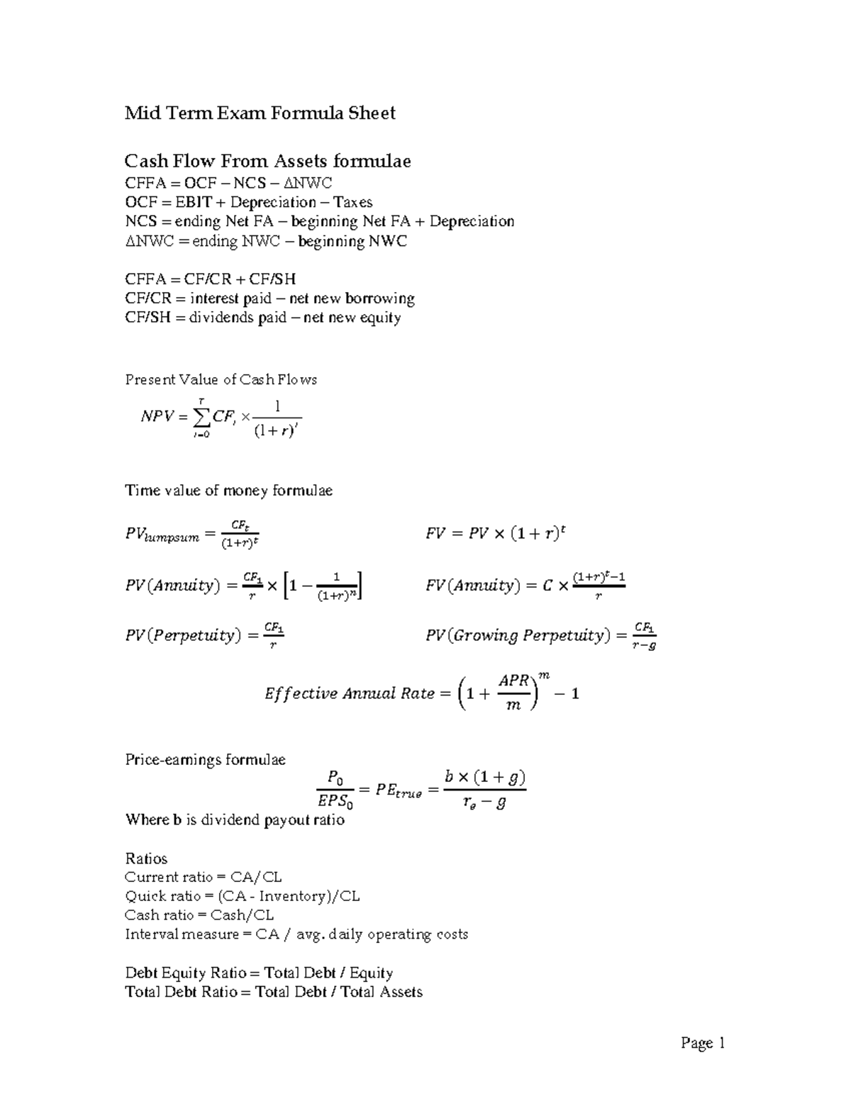 Formula Sheet Exam1 - Page 1 Mid Term Exam Formula Sheet Cash Flow From ...