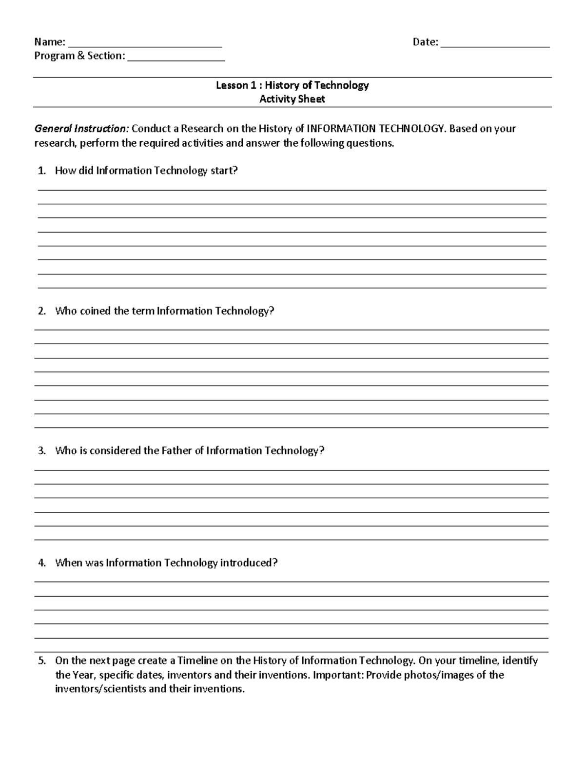 Self-Assestment Activity Lesson 1- History of Technology Activity Sheet ...