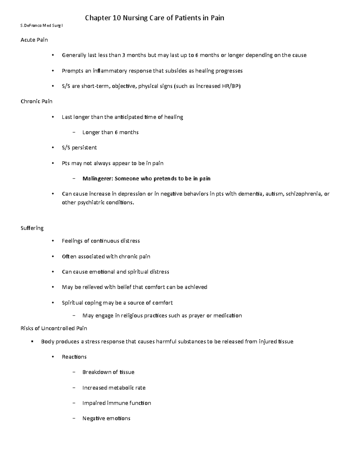 Chapter 10 Student Outline - Acute Pain - Generally last less than 3 ...