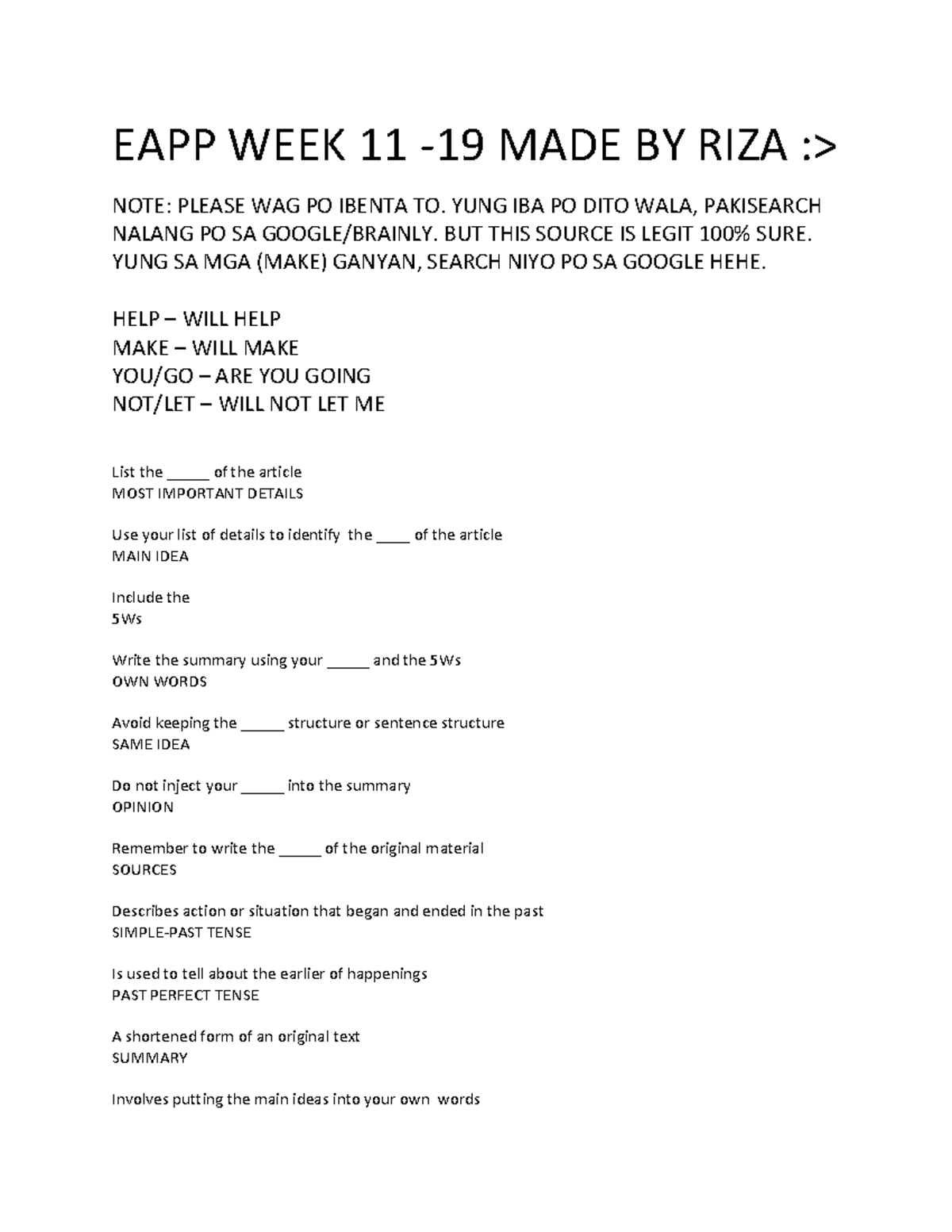 EAPP WEEK 11 19 BY RIZA Answer Key For EAPP Week 11 19 Gr 12 2nd
