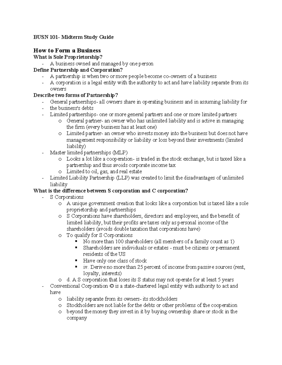 BUSN 101 Midterm Study Guide PT1 - BUSN 101- Midterm Study Guide How to ...