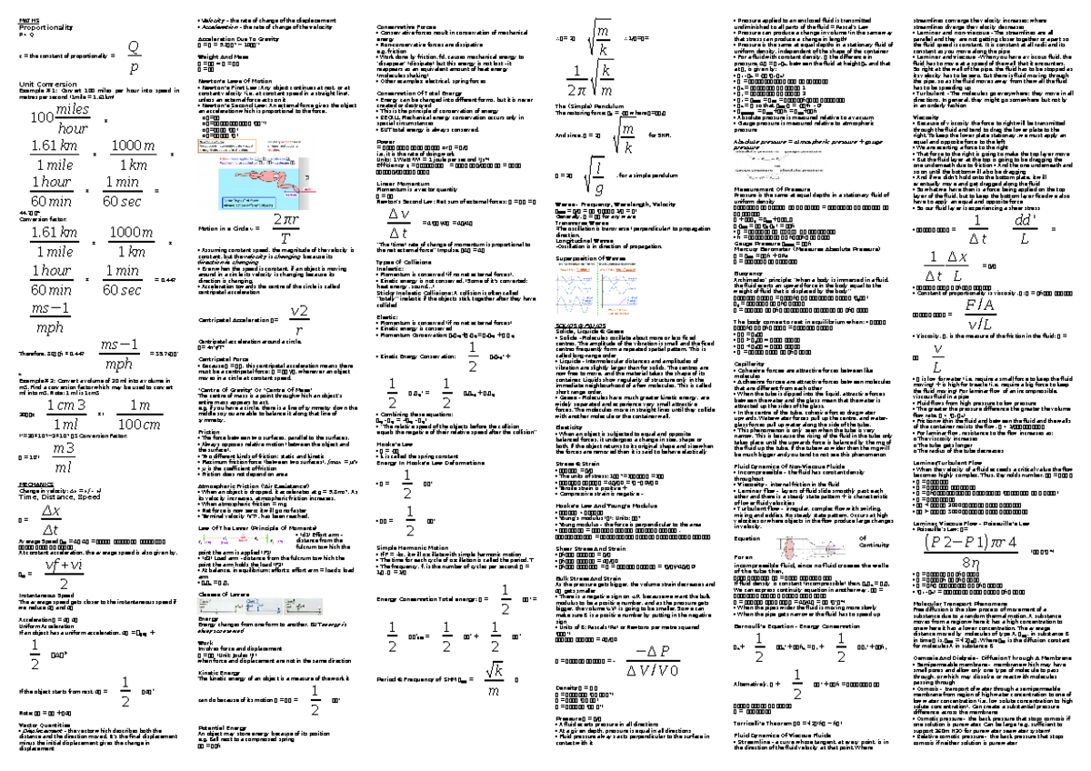 PHSI191 - final exam cheat sheet - MATHS Proportionality P ∝ Q c = the ...