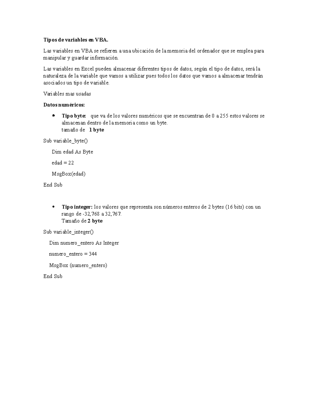 Tipos de variables en VBA - Las variables en VBA se refieren a una ubicación de la memoria del ...