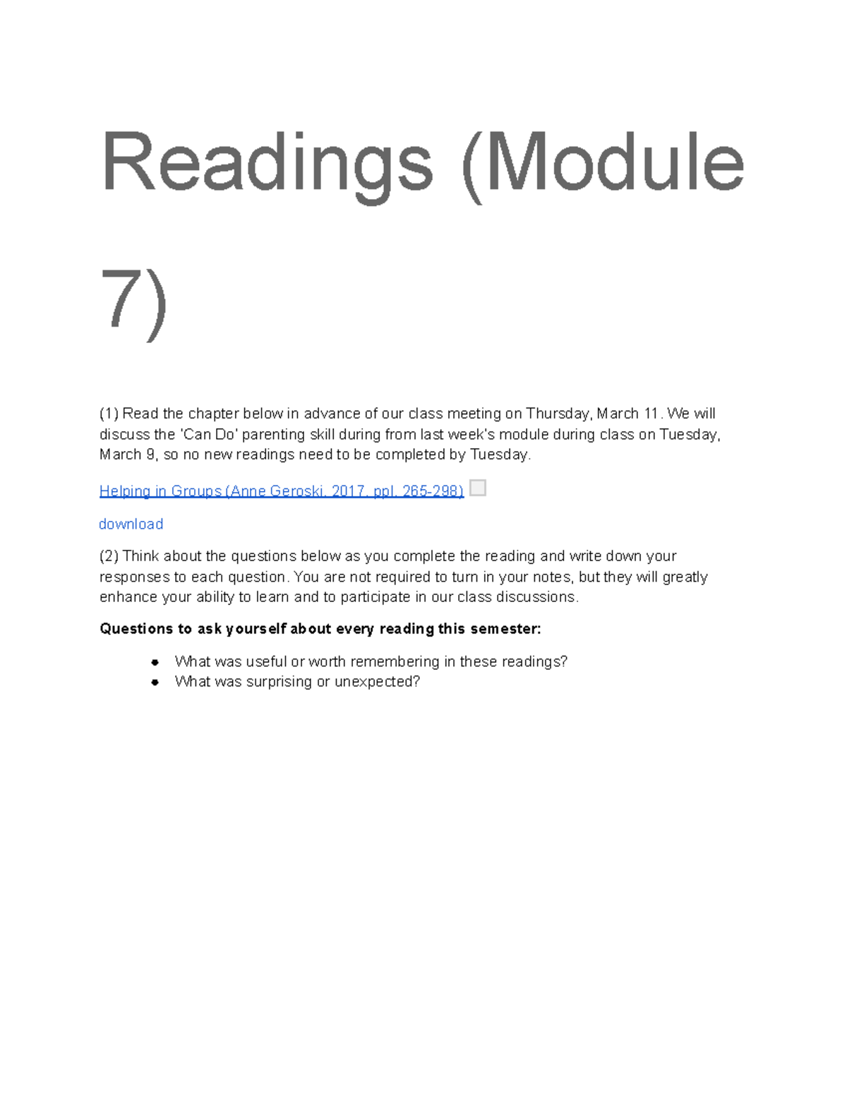 Readings (Module 7) - Professor: Kristy Burkholder - Readings (Module 7 ...