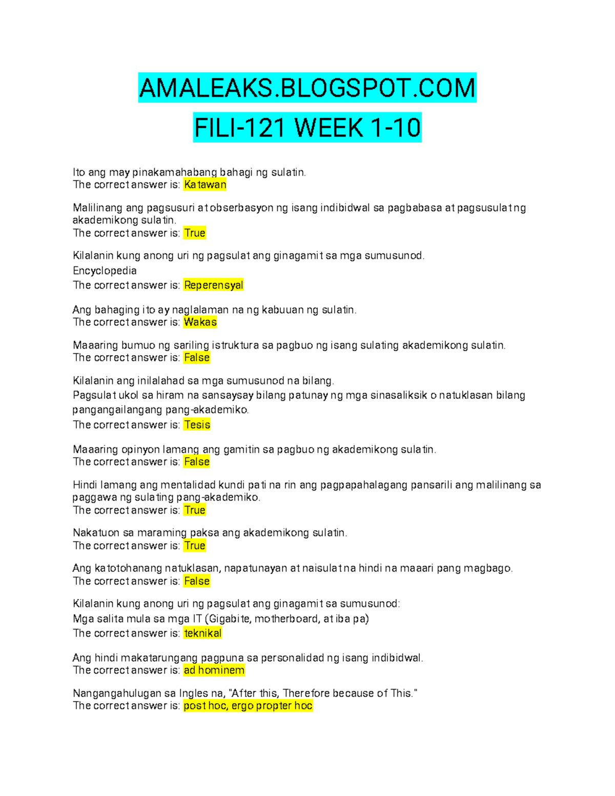 FILI - NOTES - AMALEAKS.BLOGSPOT FILI-121 WEEK 1- Ito ang may ...