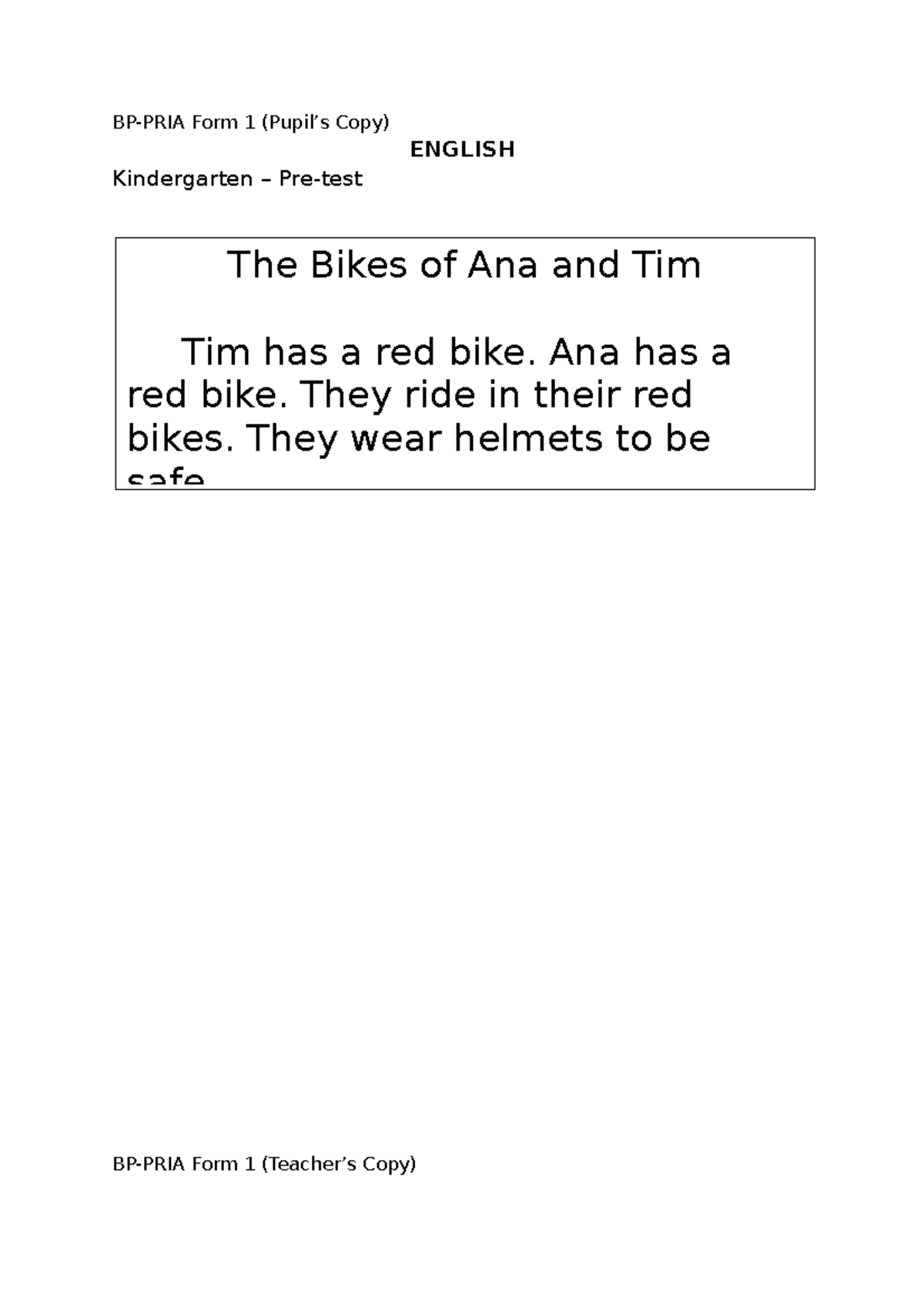 BP 1Kinder English Pre - LEARNING MATERIALS FOR STUDENT. - BP-PRIA Form ...