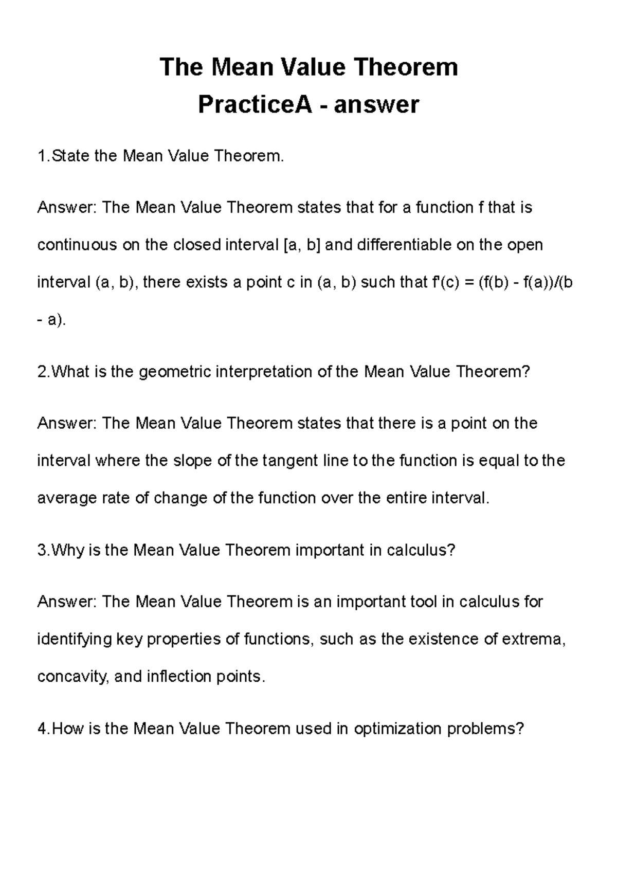 The Mean Value Theorem Practice A Answer The Mean Value Theorem