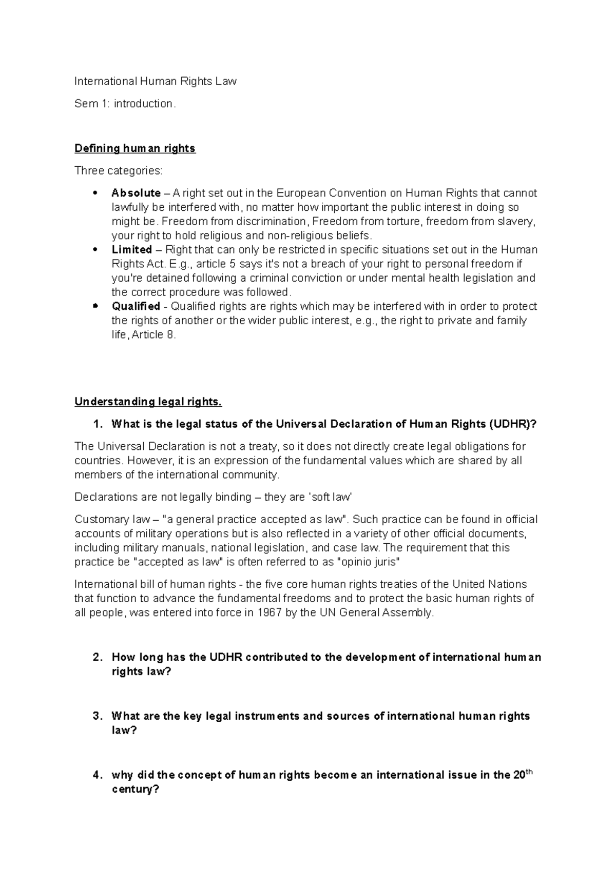 Sem 1 - introduction and history - International Human Rights Law Sem 1 ...