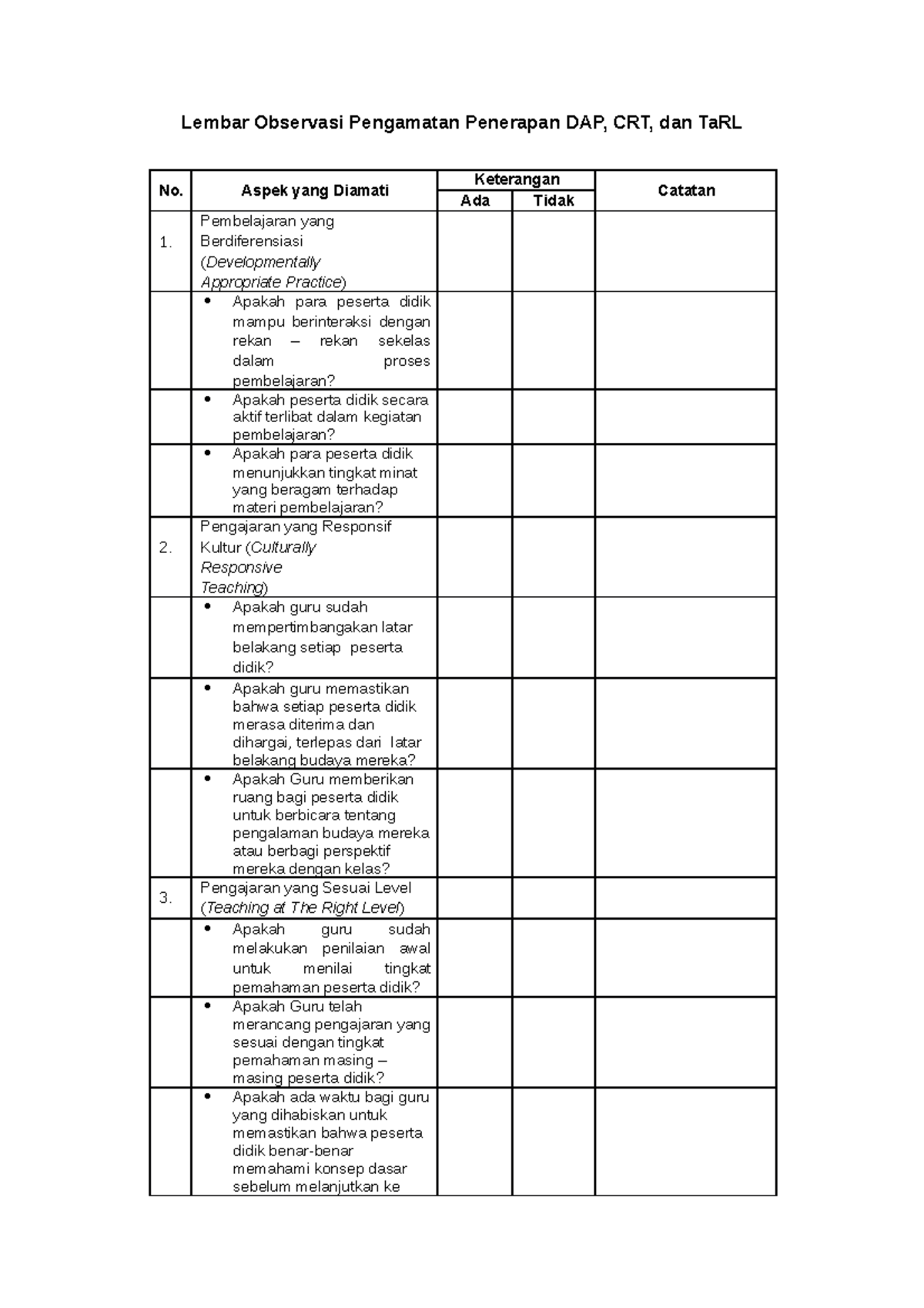 Lembar Observasi Pengamatan Pembelajaran dan Peserta Didik - Lembar ...