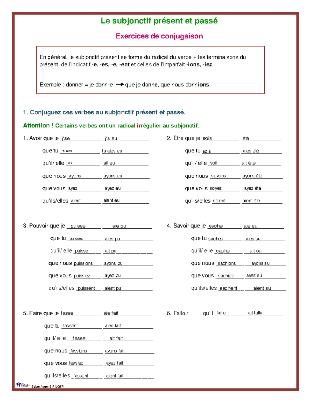 Le subjonctif Exercices et corrigé - Le subjonctif présent et passé ...
