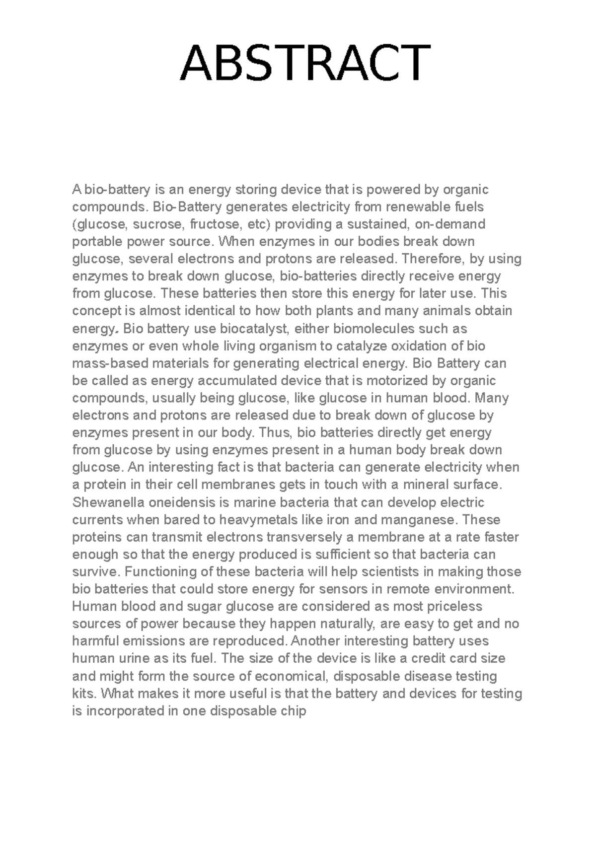 Abstract BIO Battery - ABSTRACT A bio-battery is an energy storing ...