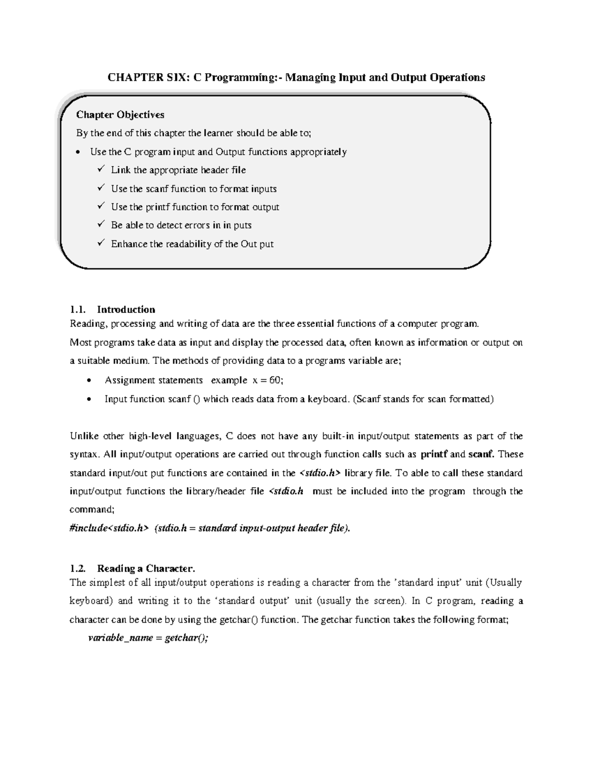 Chapter Six Introduction To C Programming Chapter Six C Programming Managing Input And 