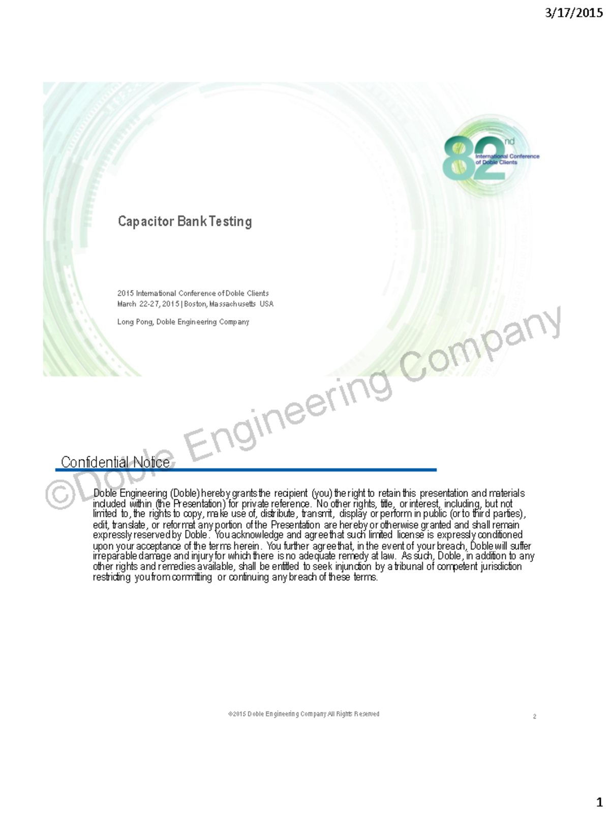 Capacitor Bank Testing Training PPT - ©2015 Doble Engineering Company ...