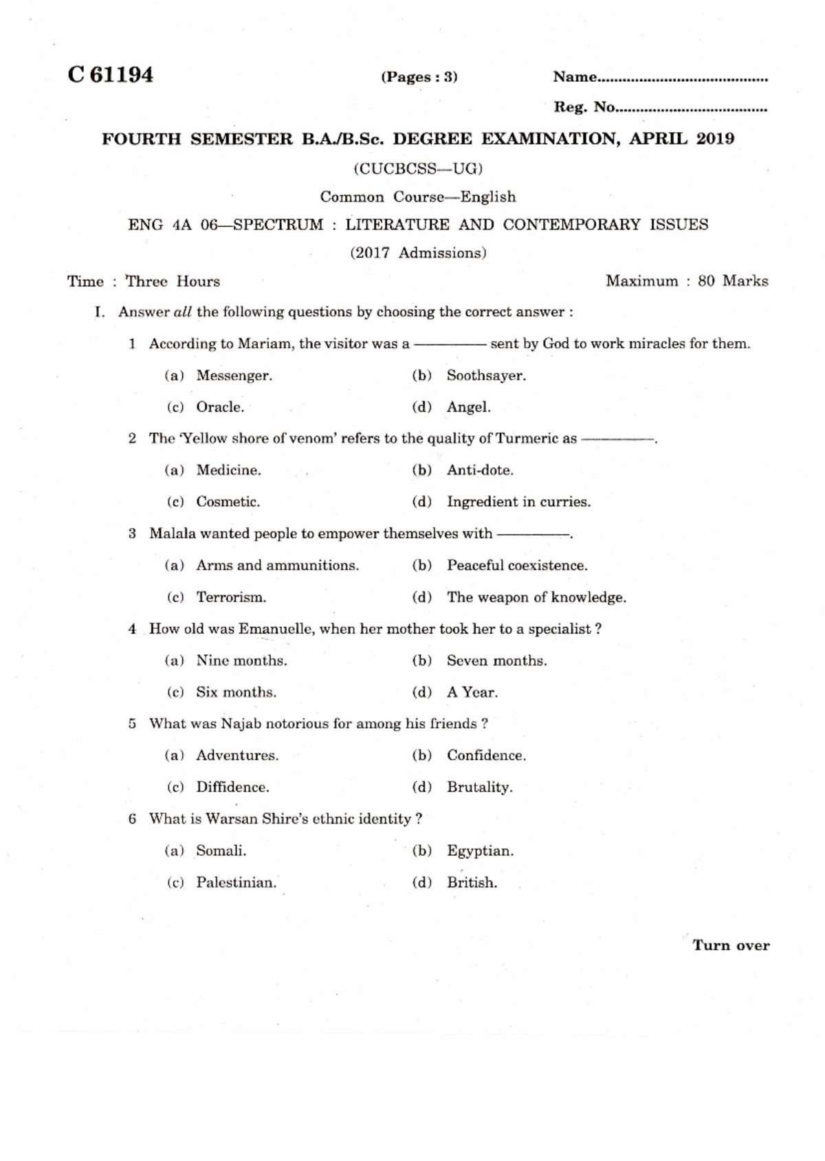 Fourth Semester B.A. B.Sc. Degree Examination, 2019 April ( Cucbcss—UG ...