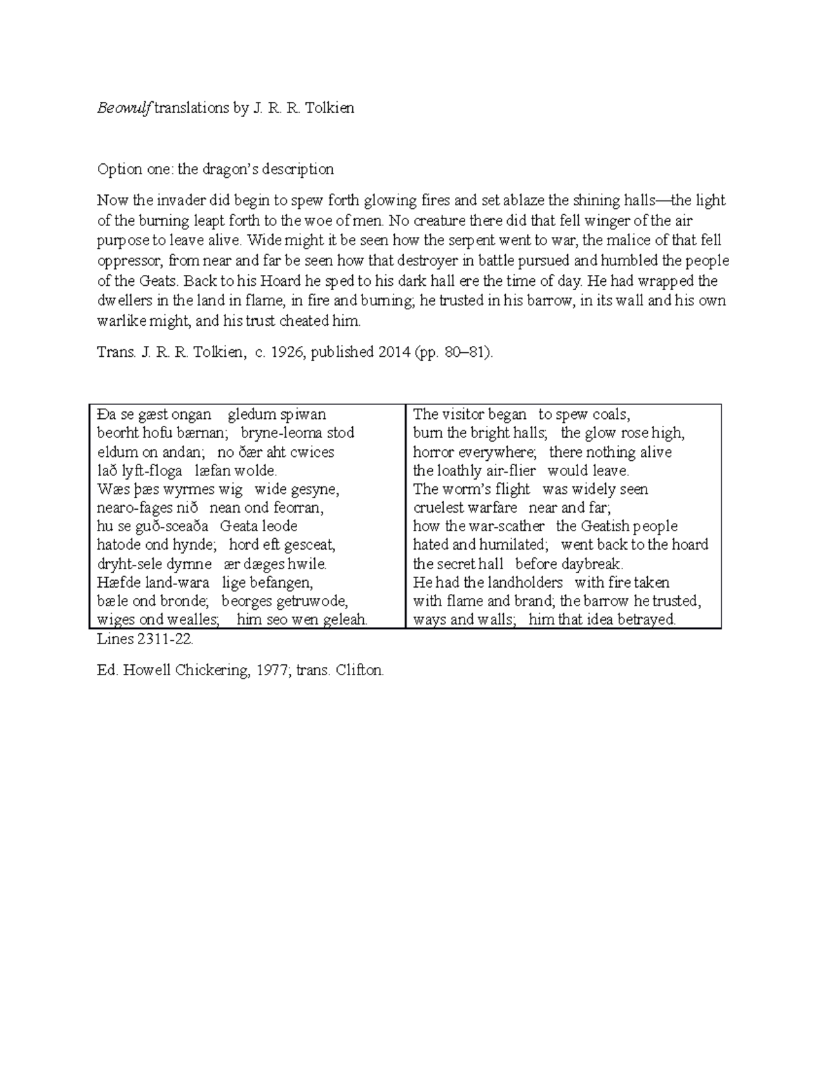 Beowulf translations by JRRT - R. R. Tolkien Option one: the dragon’s ...