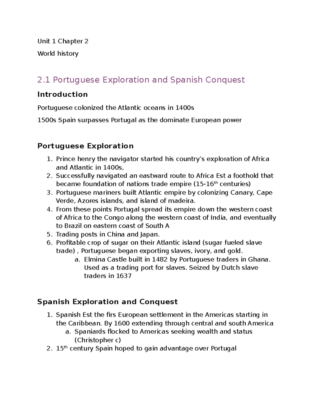 Chapter 2 unit 1 - Unit 1 Chapter 2 World history 2 Portuguese ...
